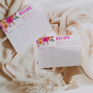 Pink Orange Bridal Shower Recipe Card Template, Hot Pink Floral Recipe ...