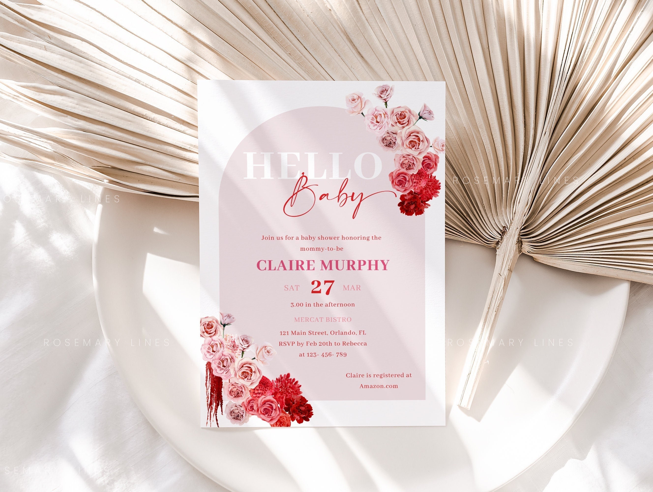 Red and Pink Baby Shower Invitation Template Hot Pink Flowers - Etsy