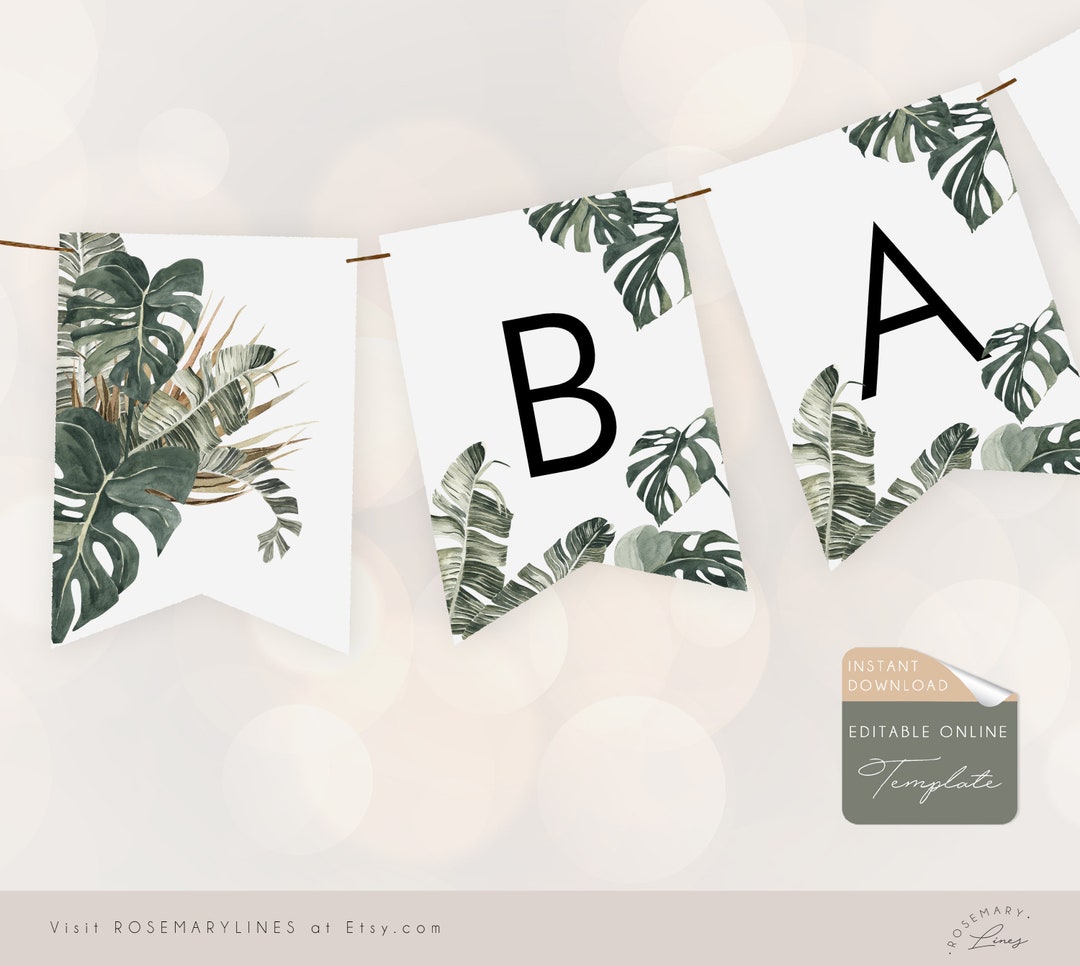Tropical Palm Leaf Banner Template, Greenery Bridal Shower Banner ...