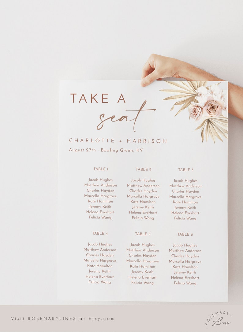 Light Blush Pink Wedding Seating Chart Template, Dusty Rose Boho ...