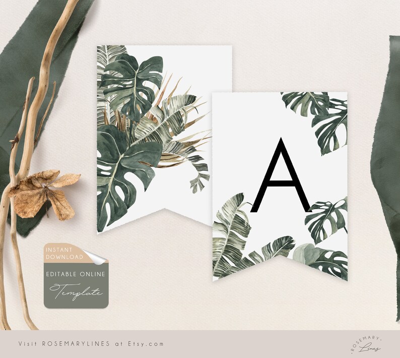 Tropical Palm Leaf Banner Template, Greenery Bridal Shower Banner ...