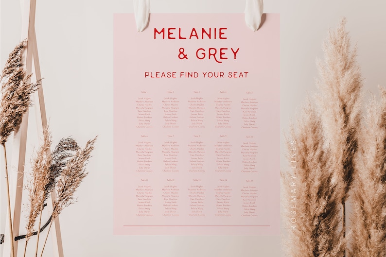 Pink Retro Seating Chart Template, Pink and Red Wedding Seating Chart ...