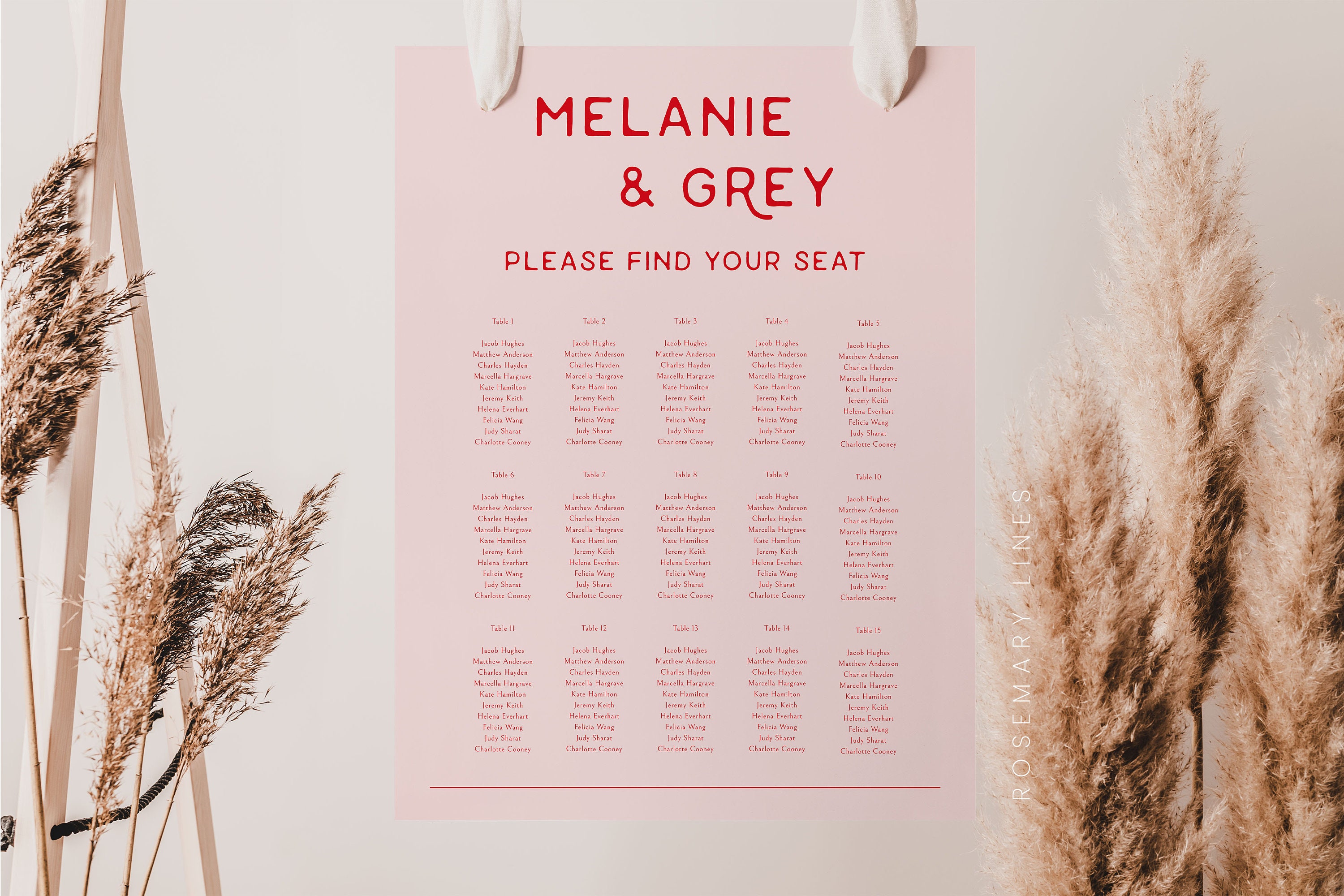 Pink Retro Seating Chart Template, Pink and Red Wedding Seating Chart ...