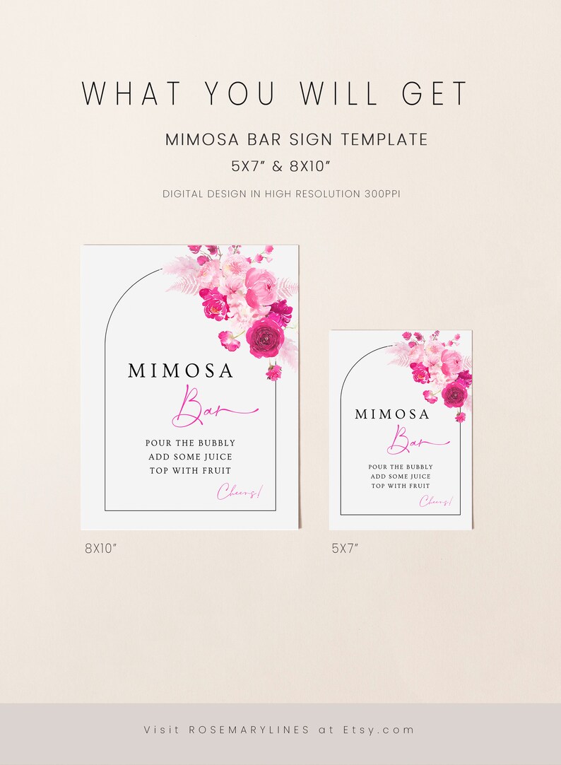 Hot Pink Mimosa Bar Sign Template Pink Floral Wedding Bar - Etsy