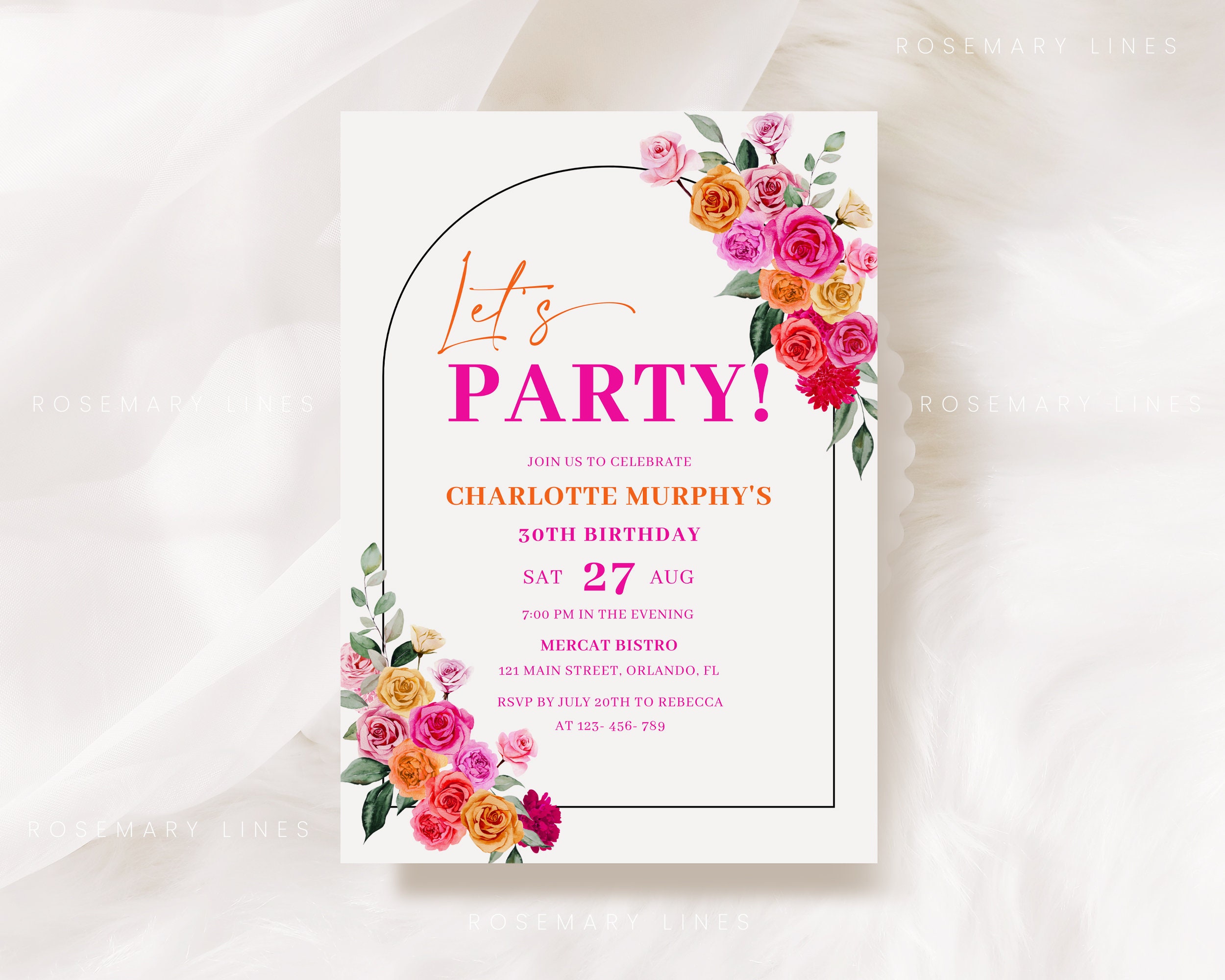 Pink Orange Birthday Invitation for Women, Hot Pink Floral Birthday ...
