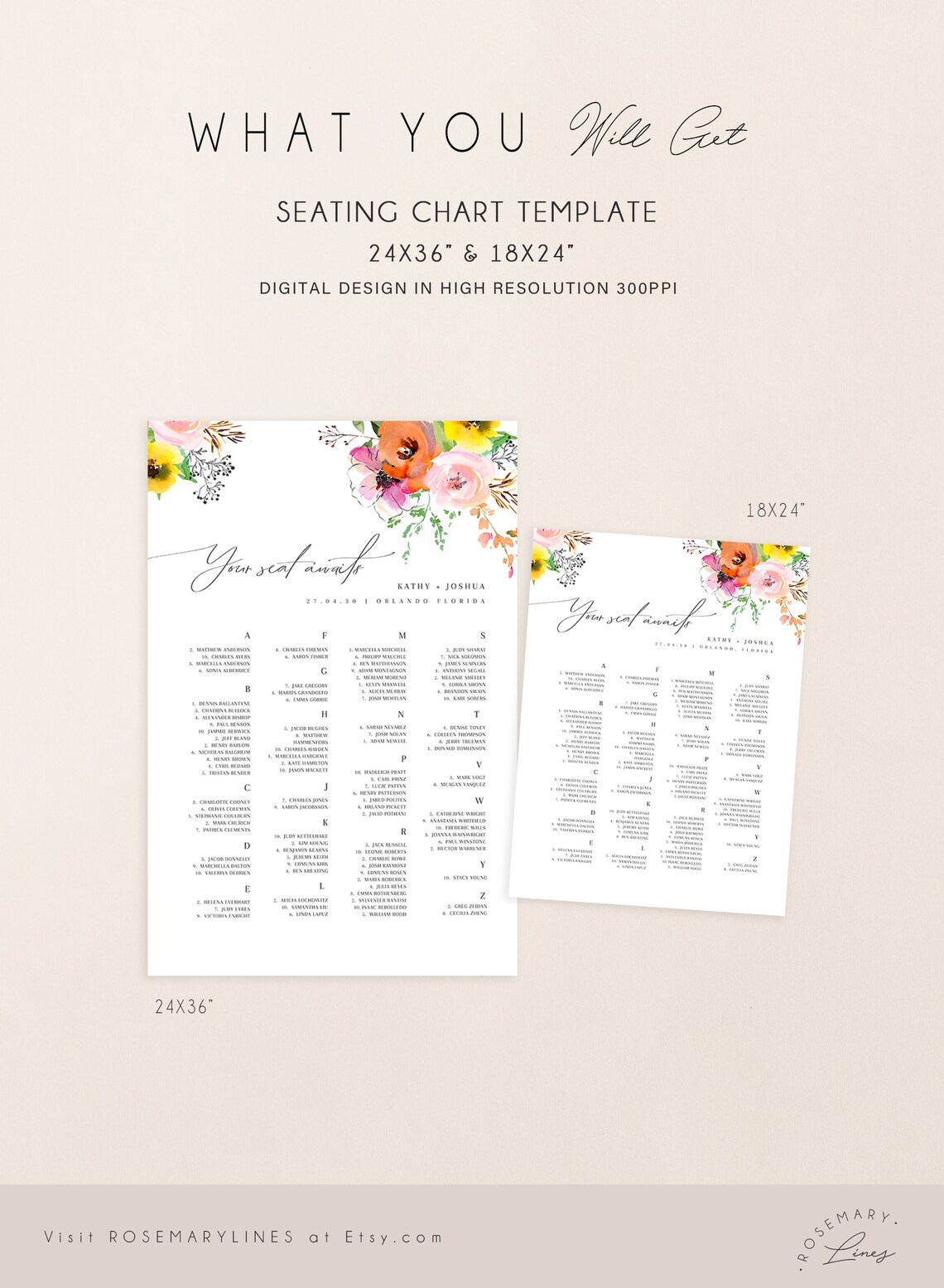 Colorful flowers wedding seating chart alphabetical coral | Etsy