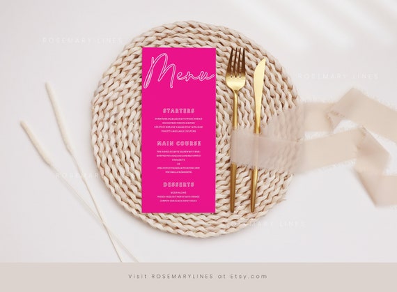 Modern Hot Pink Menu Template Pink Wedding Menu Bright Pink - Etsy