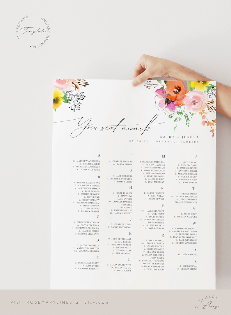 Colorful Flowers Wedding Seating Chart Alphabetical Coral - Etsy