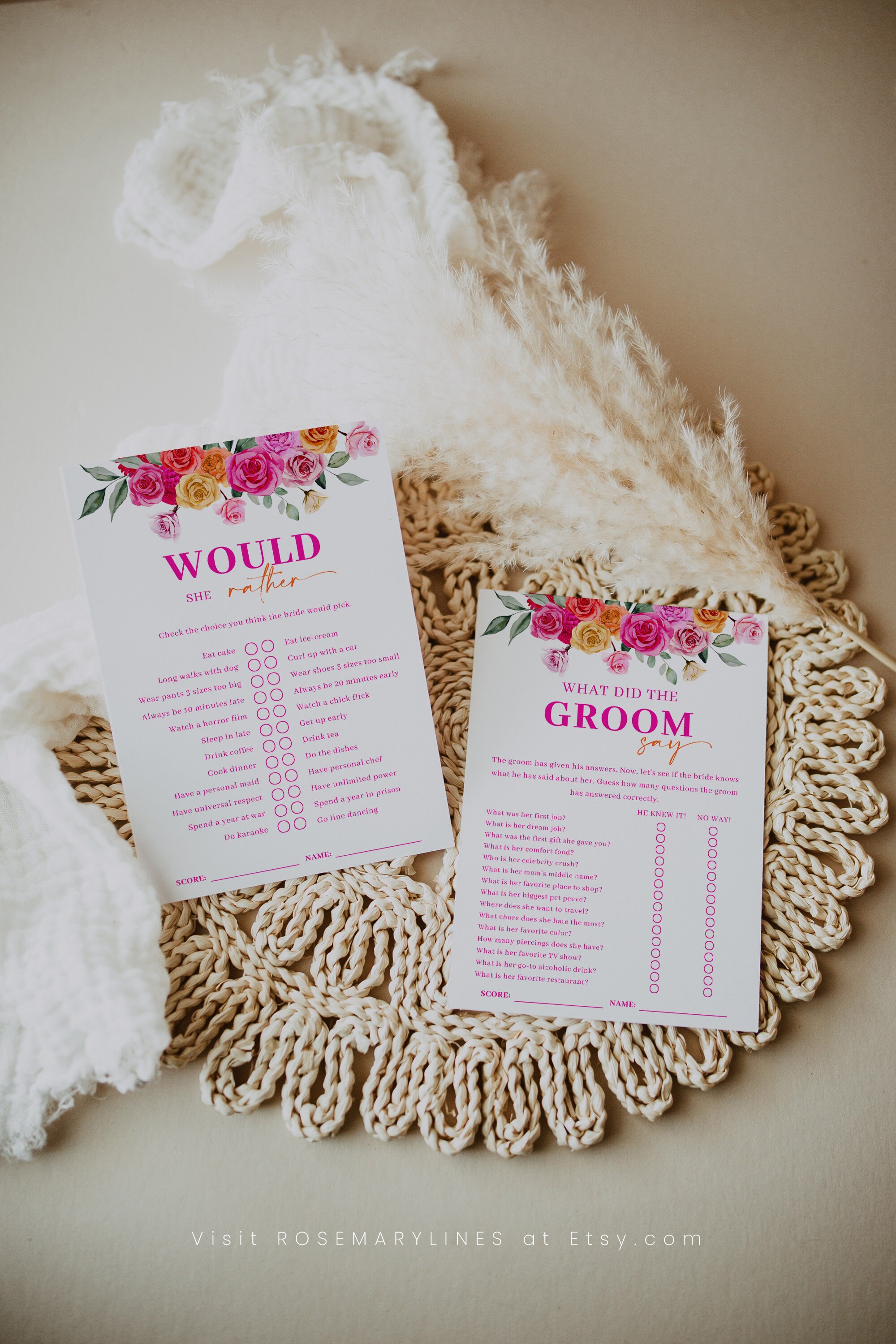 Pink Orange Bridal Shower Games Bundle Template, Hot Pink Floral Bridal ...