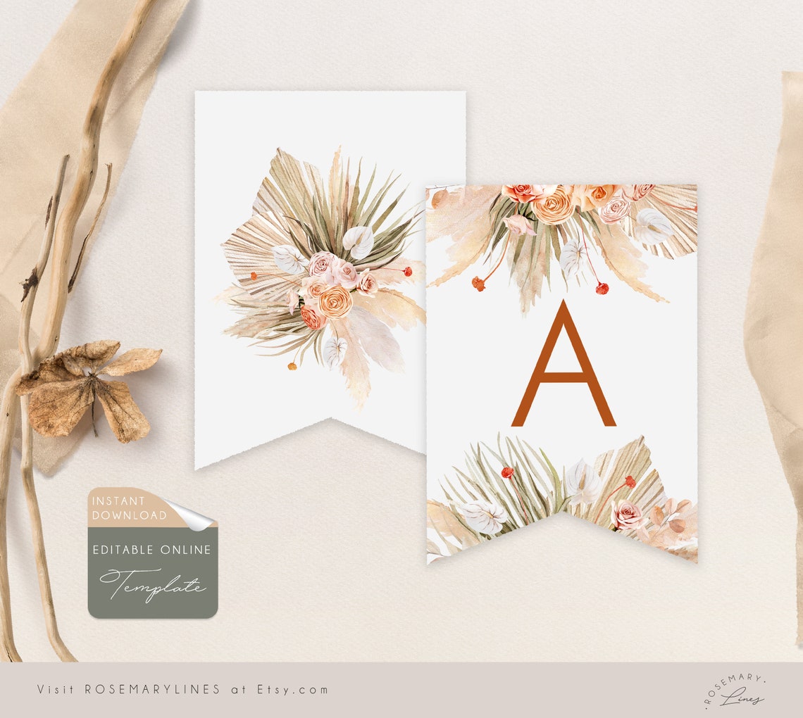 Boho Banner Template Pampas Grass Alphabet Banner Baby | Etsy