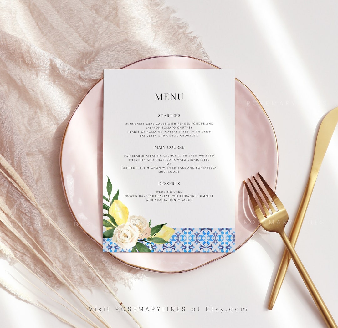 Italian Blue Tiles Wedding Menu Template, Lemon Wedding Menu Cards ...