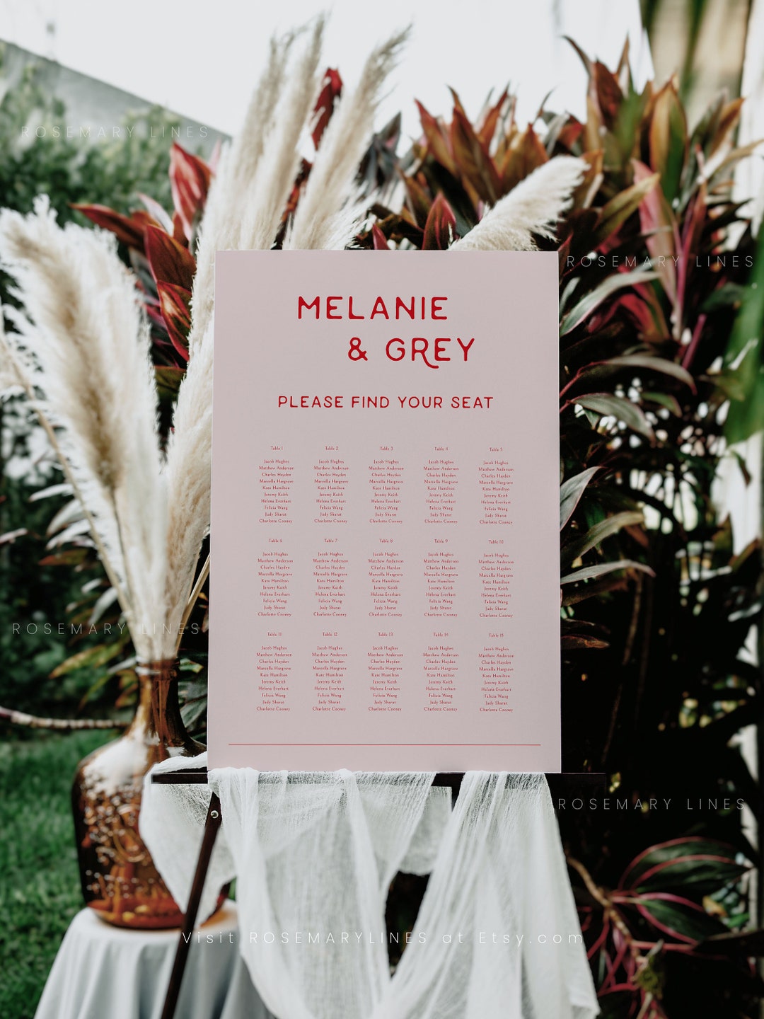 Pink Retro Seating Chart Template, Pink and Red Wedding Seating Chart ...