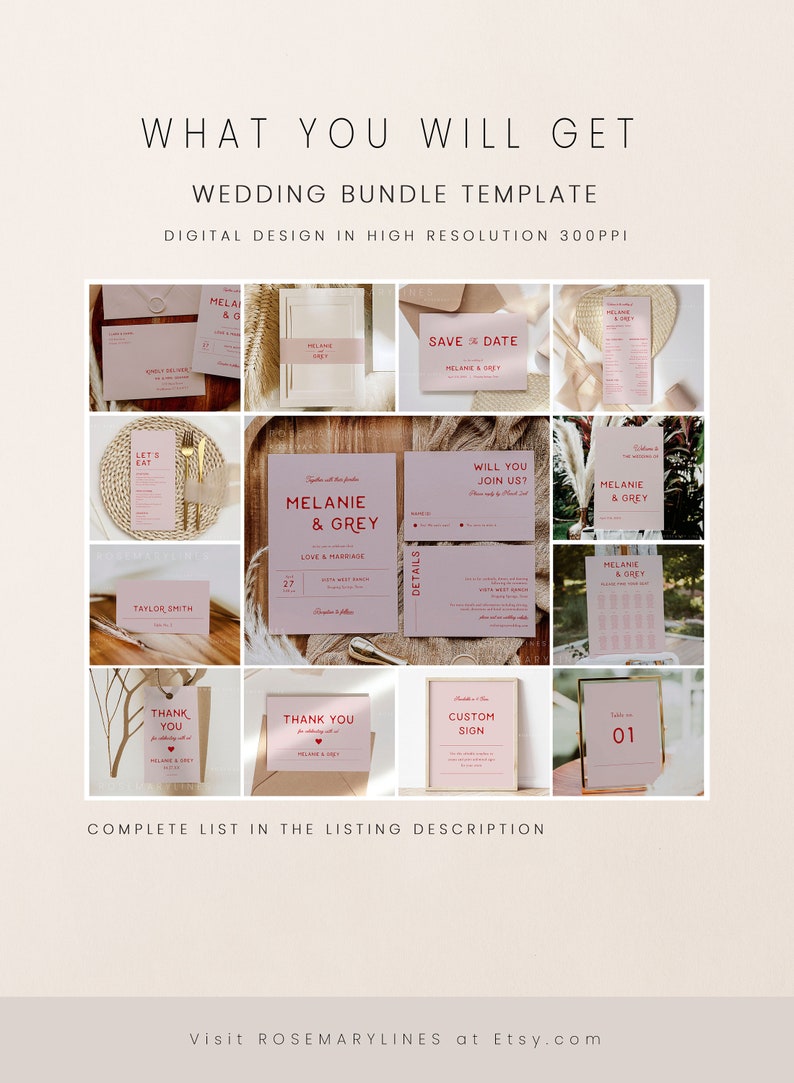 Modern Retro Wedding Invitation Bundle Pink and Red Wedding - Etsy