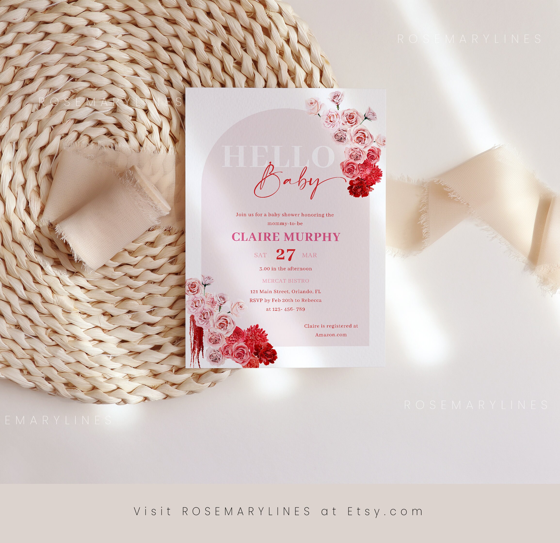 Red and Pink Baby Shower Invitation Template Hot Pink Flowers - Etsy