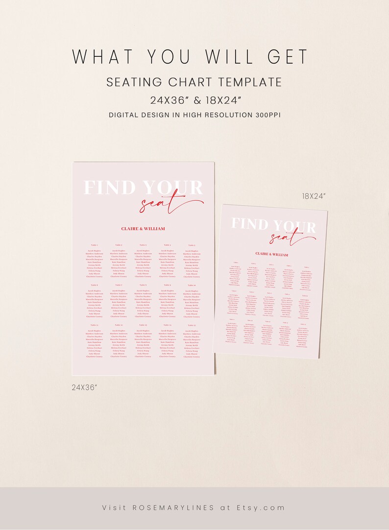 Red and Pink Wedding Seating Chart Template, Blush Pink Seating Chart ...