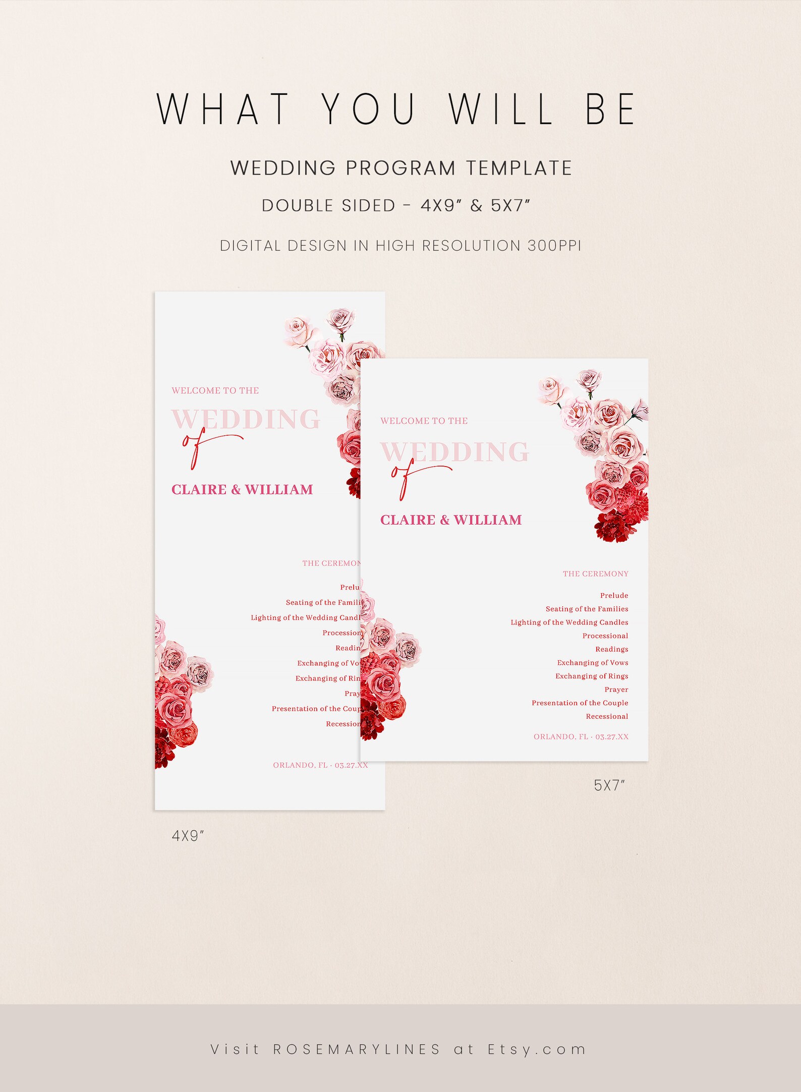 Red and Pink Rose Wedding Program Template Hot Pink Flowers - Etsy