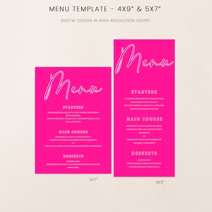 Modern Hot Pink Menu Template, Pink Wedding Menu, Bright Pink Bridal ...