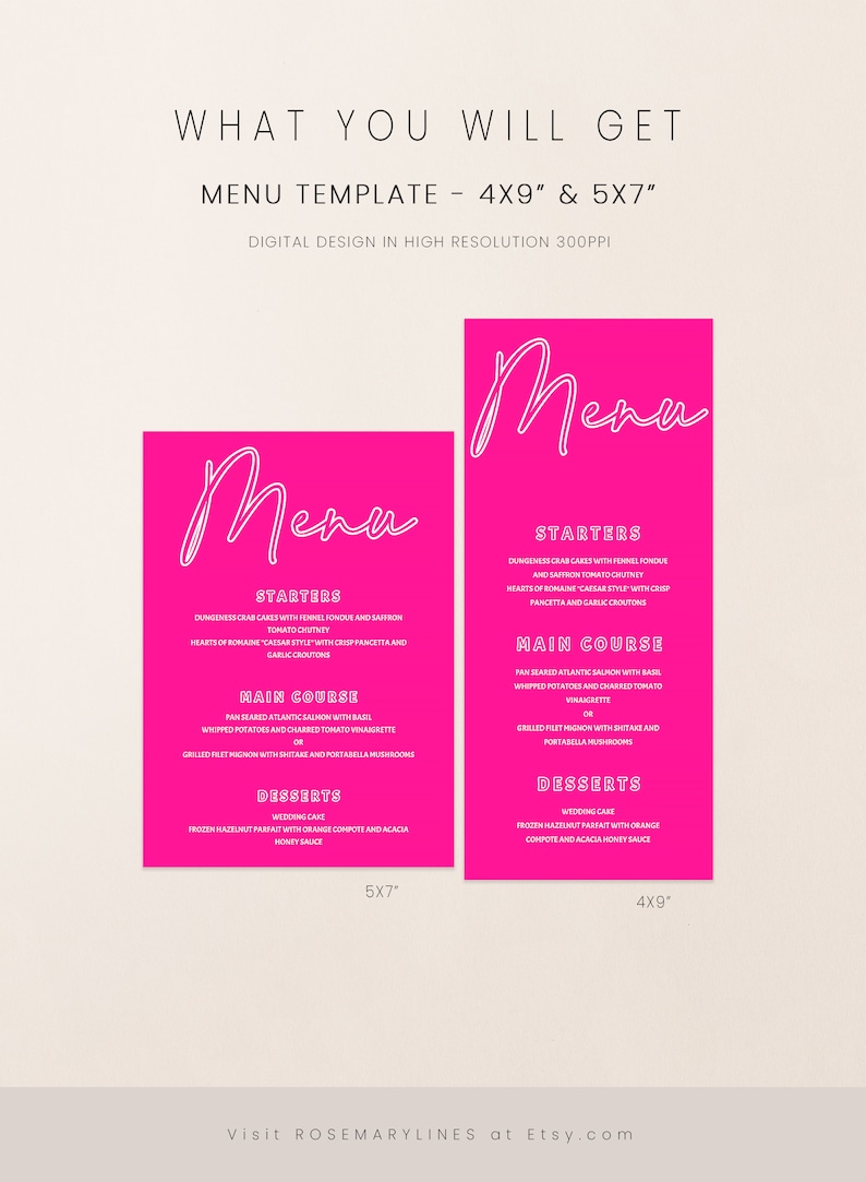 Modern Hot Pink Menu Template Pink Wedding Menu Bright Pink - Etsy