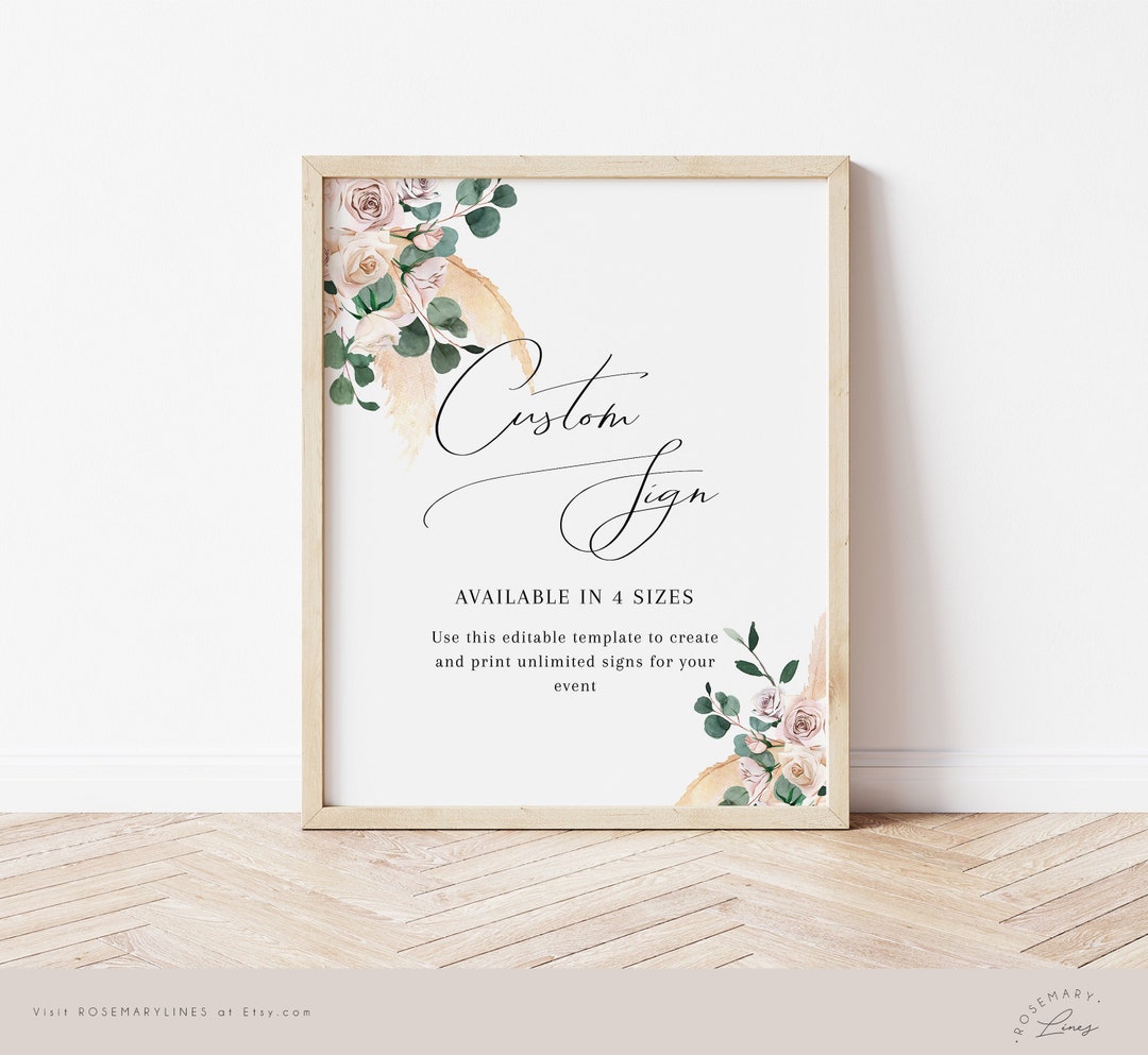 Dusty Rose Eucalyptus Custom Sign Template, Pampas Grass Wedding Signs ...