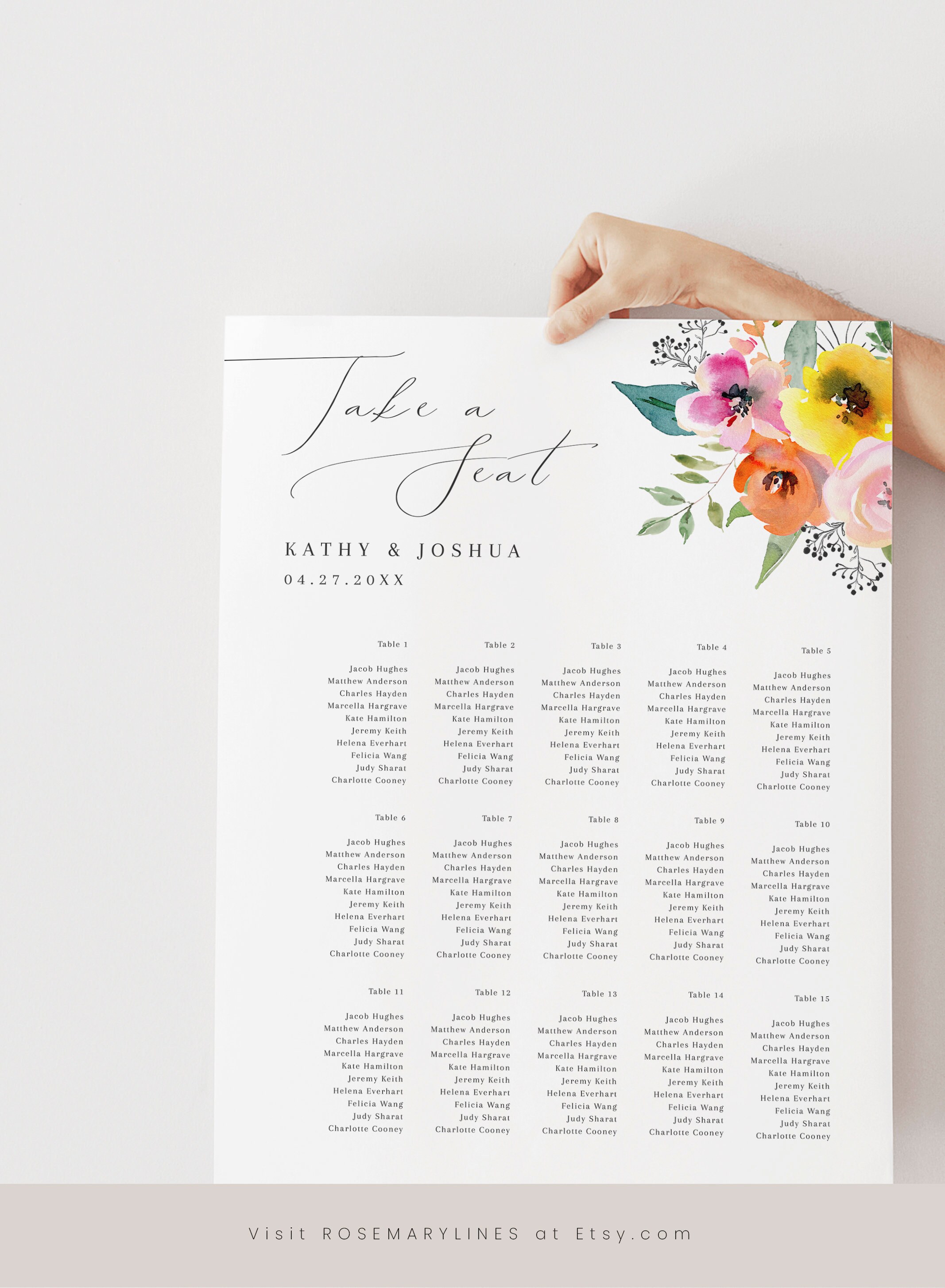 Orange Pink Yellow Floral Seating Chart Template Coral - Etsy