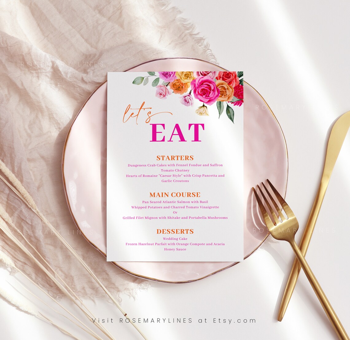Pink Orange Wedding Menu Template Hot Pink Floral Menu Cards - Etsy