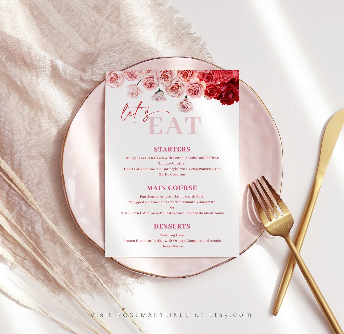Pink and Red Menu Template, Floral Wedding Menu, Hot Pink Menu Card ...
