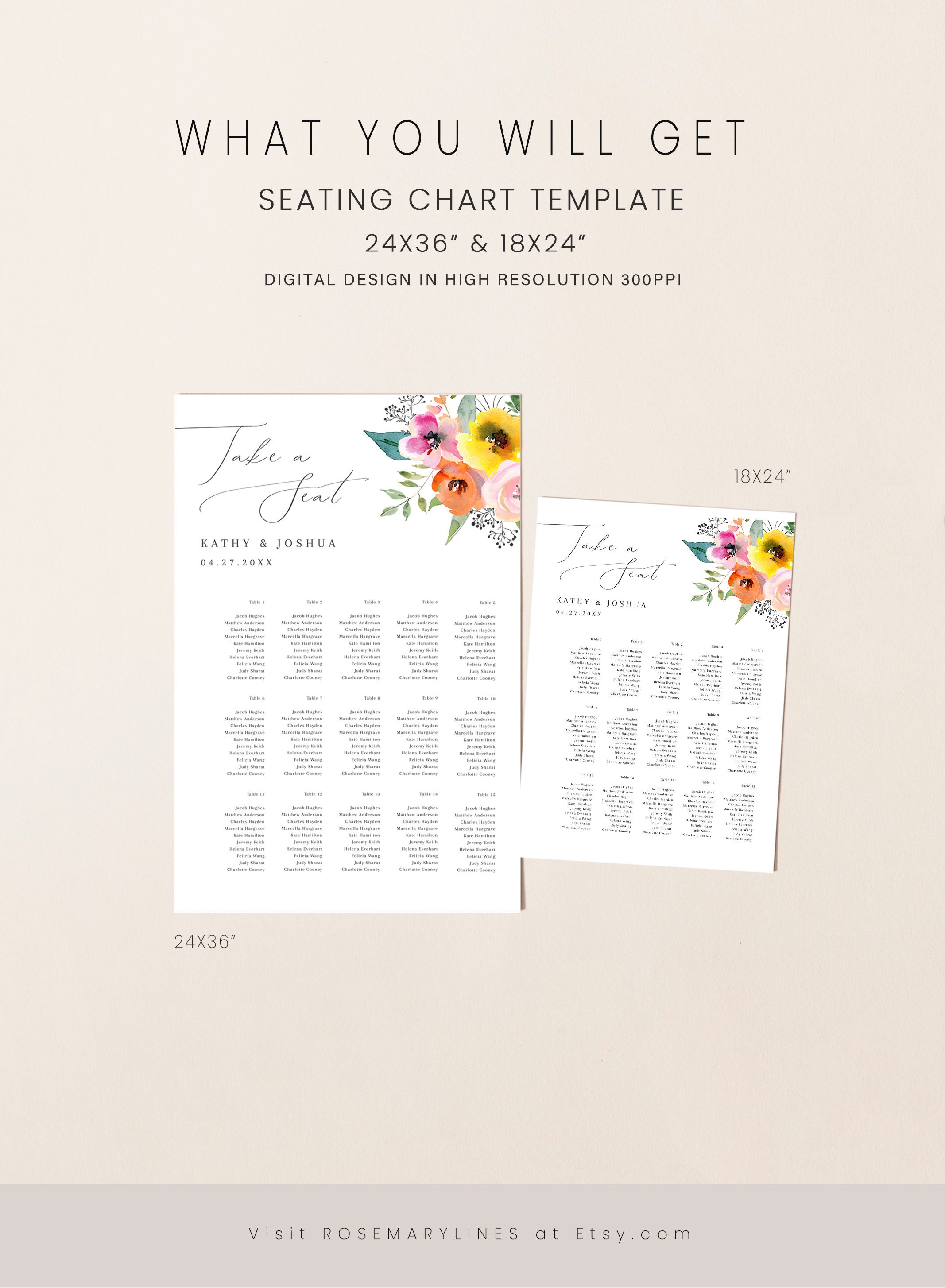 Orange Pink Yellow Floral Seating Chart Template Coral - Etsy