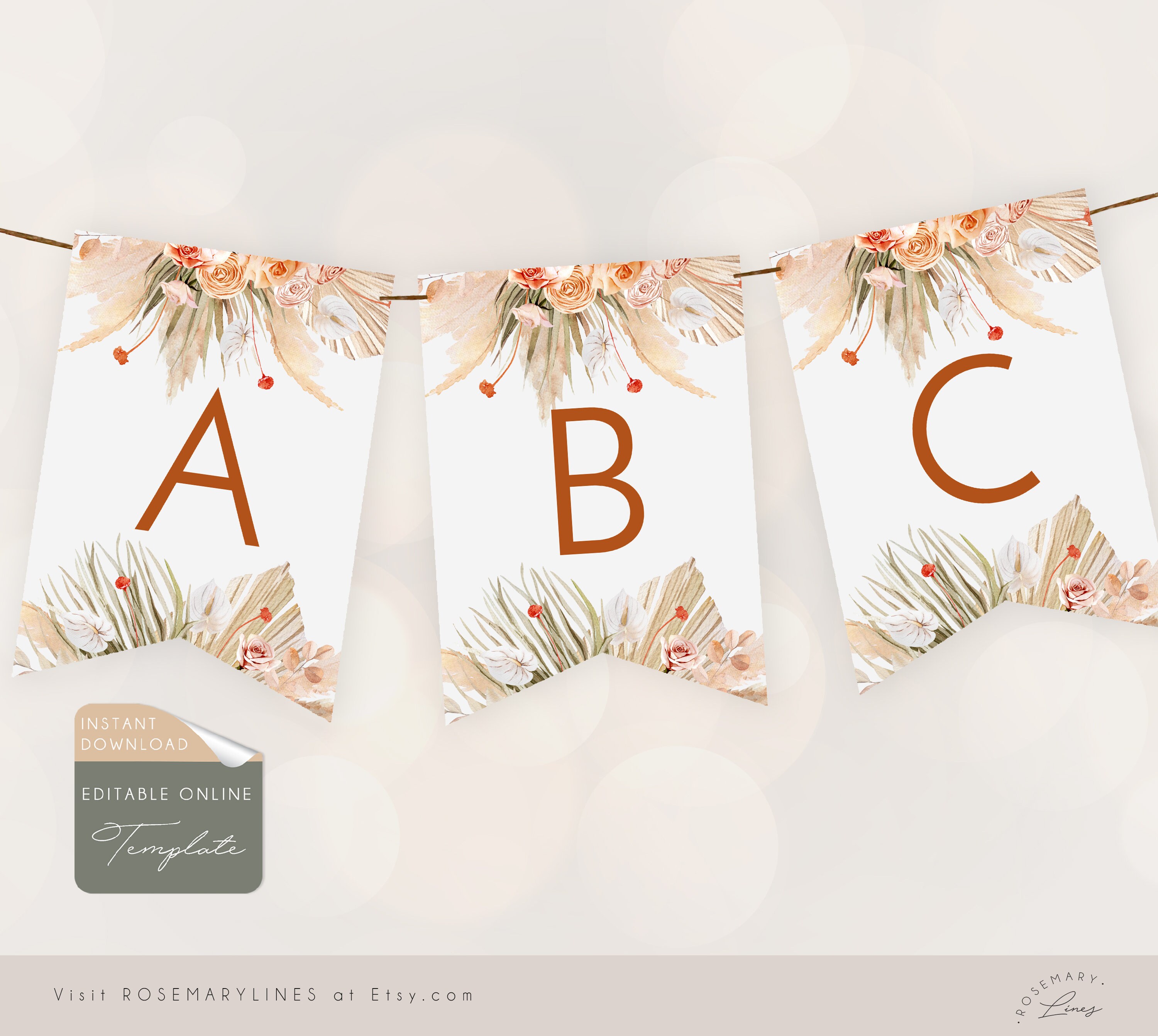 Boho Banner Template Pampas Grass Alphabet Banner Baby | Etsy