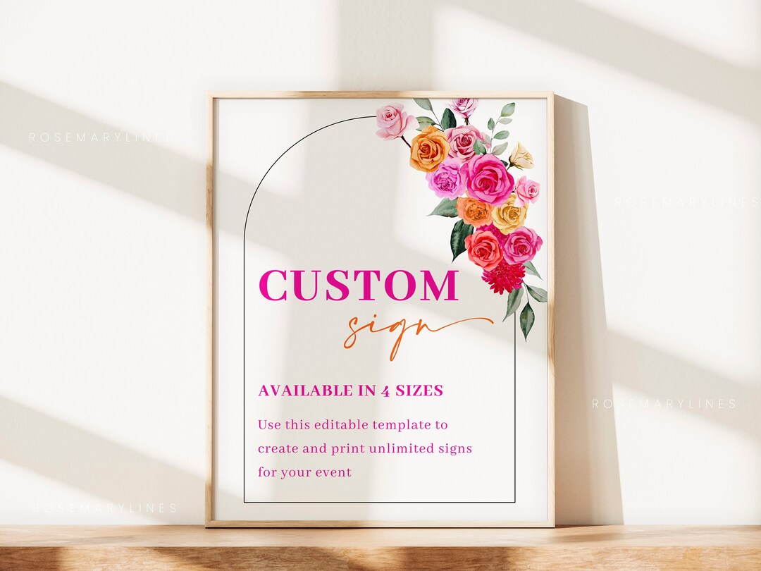 Pink Orange Custom Sign Template, Hot Pink Floral Wedding Signs, Bold ...