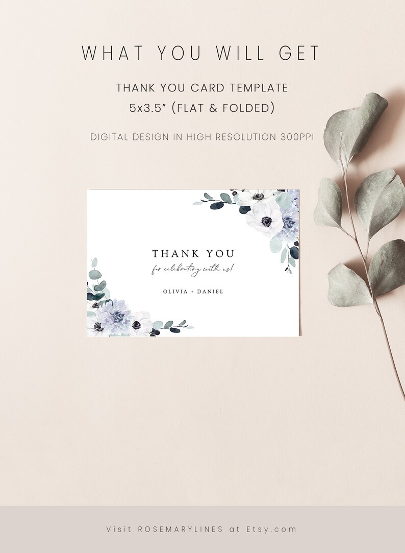 Dusty Blue Floral Thank You Card Template, Rustic Winter Wedding Thank ...