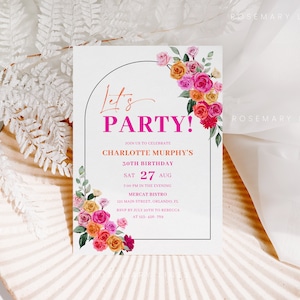 Pink Orange Birthday Invitation for Women, Hot Pink Floral Birthday ...