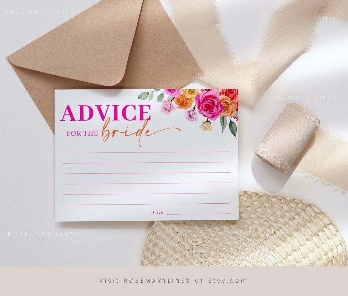 Pink Orange Advice Card Template Hot Pink Bridal Shower - Etsy