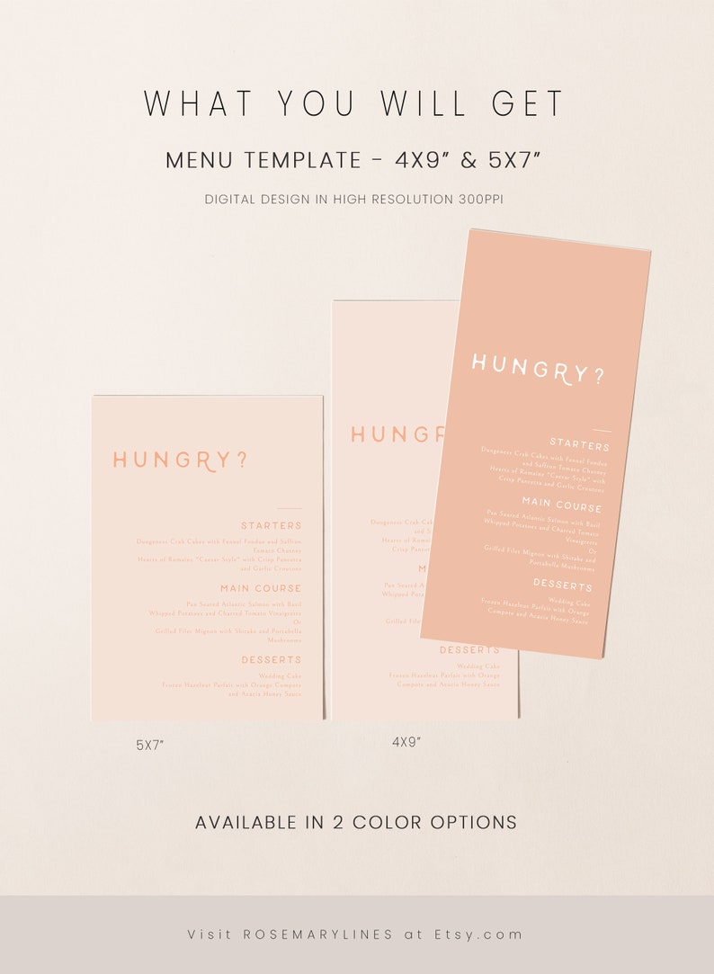 Peach Menu Cards Coral Wedding Menu Template Pastel Bridal - Etsy