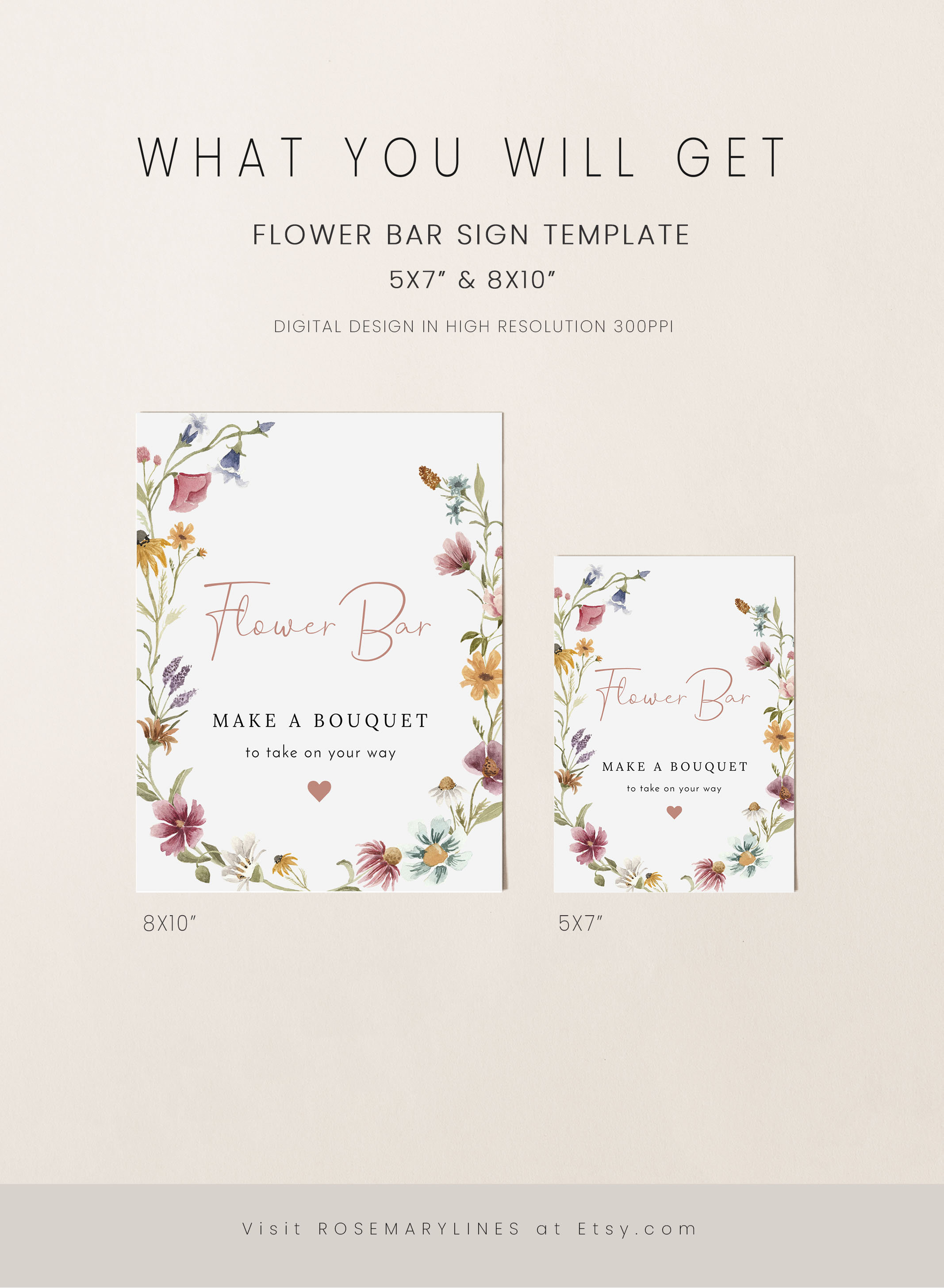 Wildflower Flower Bar Sign Template, Bright Floral Wedding Signs, Make ...