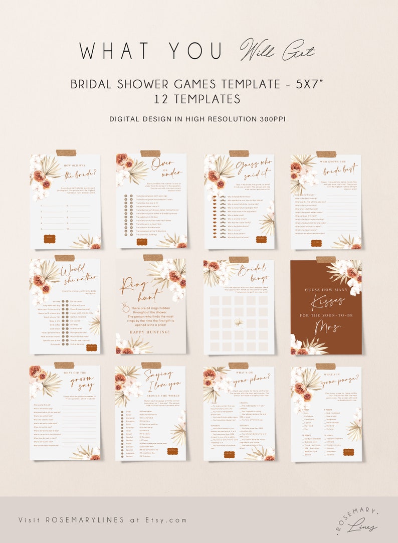 Boho Bridal Shower Games Bundle Burnt Orange Pampas Grass - Etsy