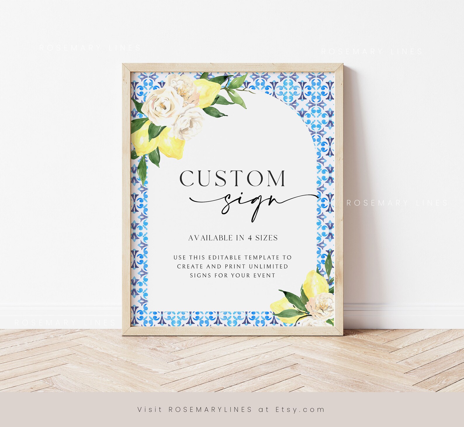 Italian Blue Tiles Lemon Custom Sign Template Citrus Floral - Etsy