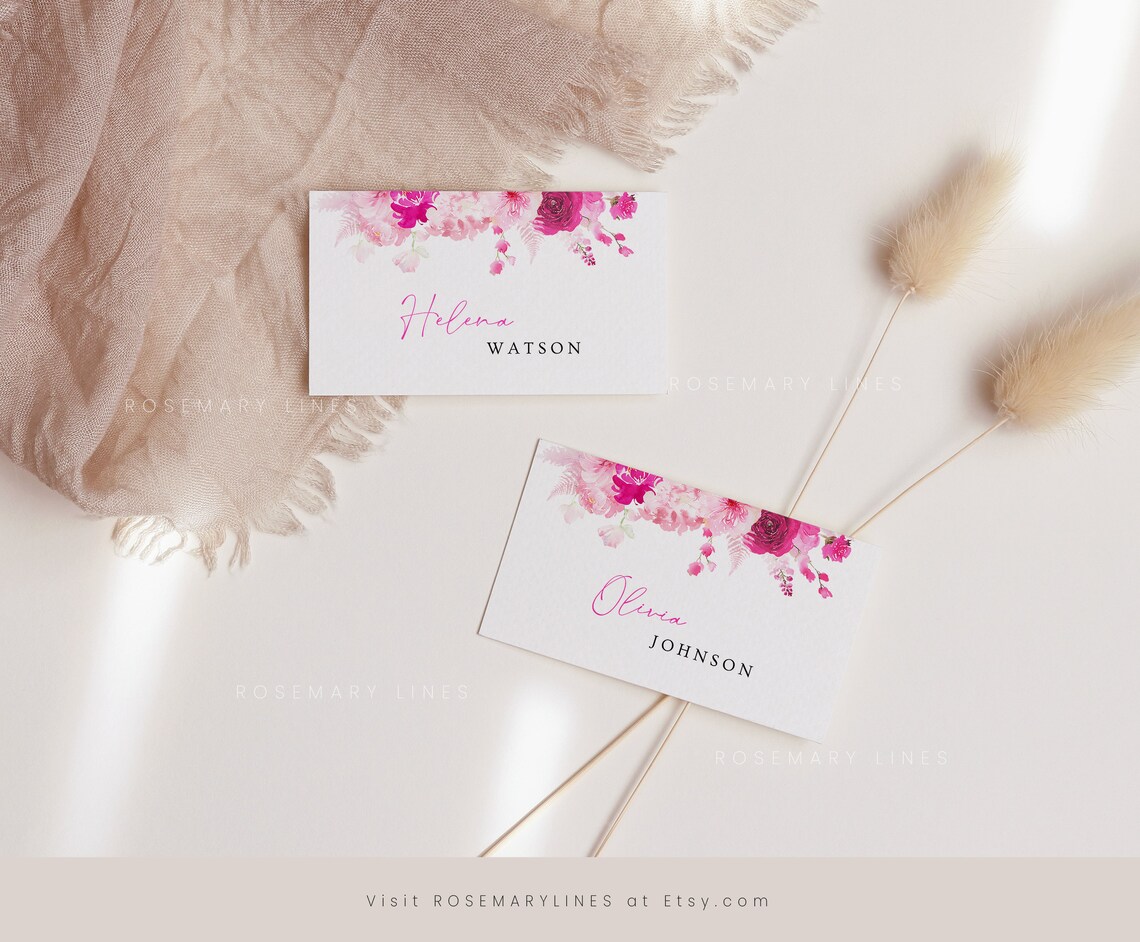 Hot Pink Place Cards Pink Floral Place Card Template Blush - Etsy