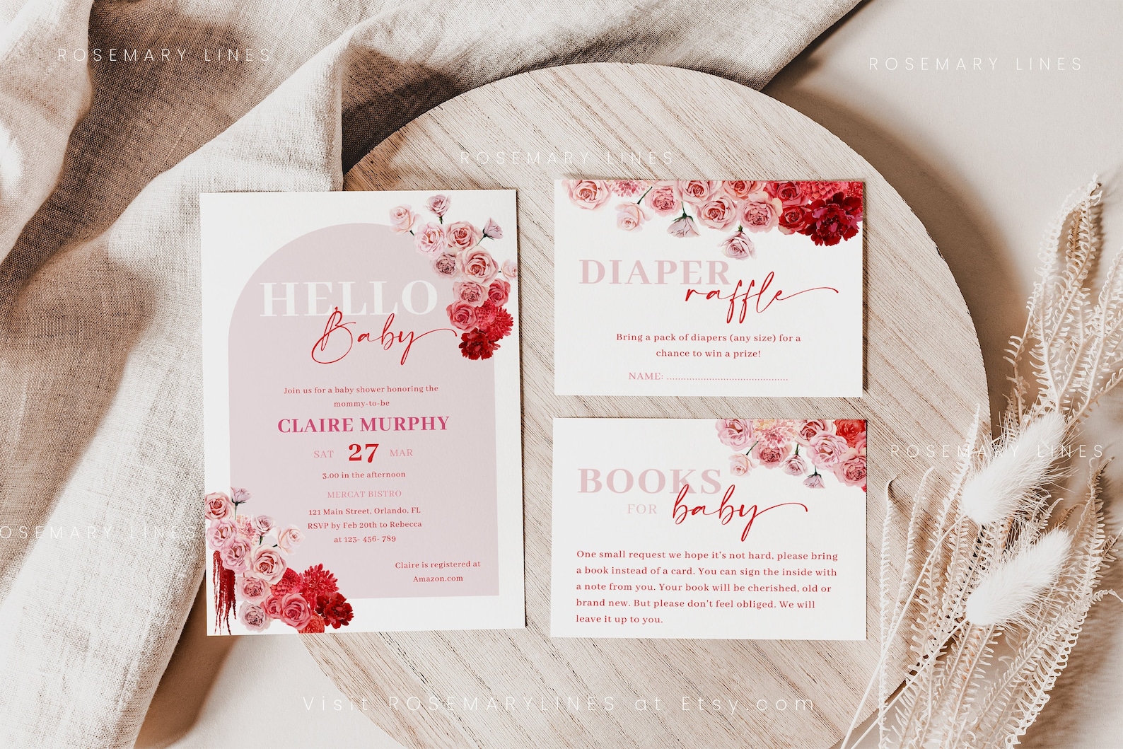 Red and Pink Floral Baby Shower Invitation Set Template Hot - Etsy