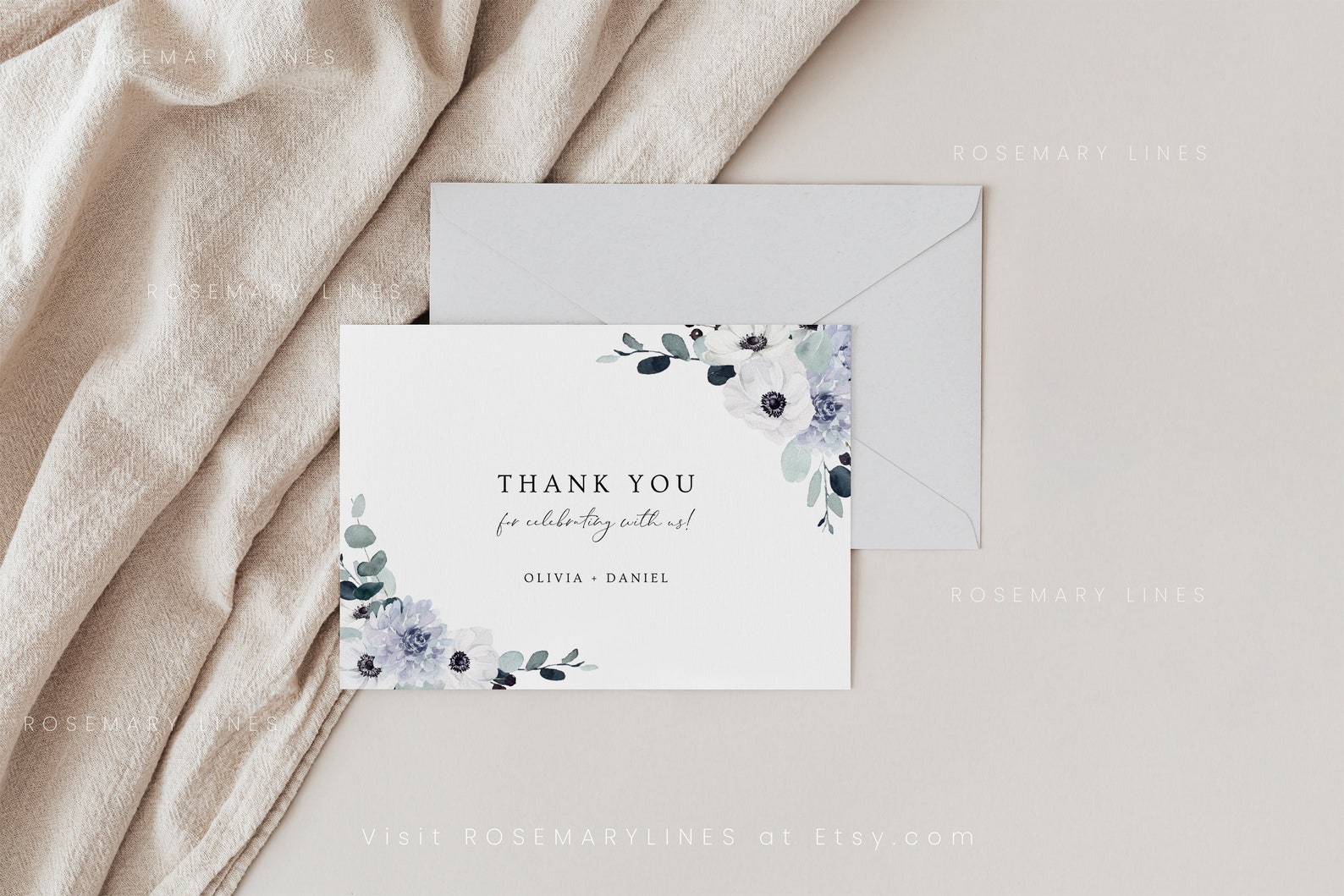 Dusty Blue Floral Thank You Card Template, Rustic Winter Wedding Thank ...