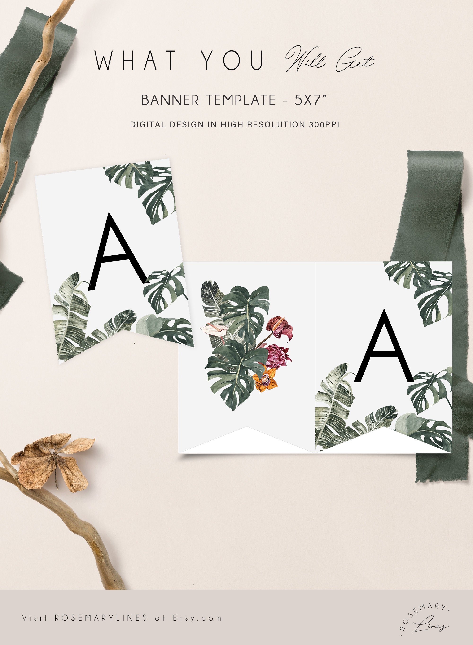 Tropical palm leaf exotic floral banner template greenery | Etsy