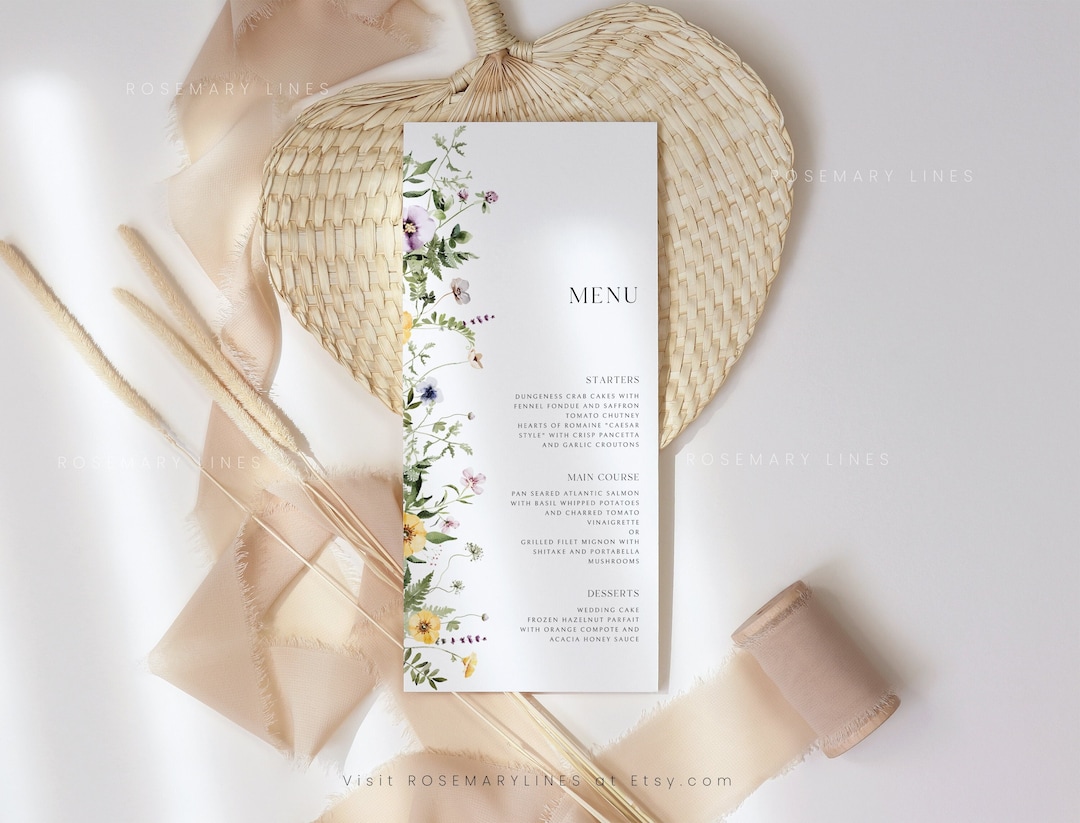 Elegant Floral Wedding Menu, Wildflower Wedding Menu Template, Rustic ...