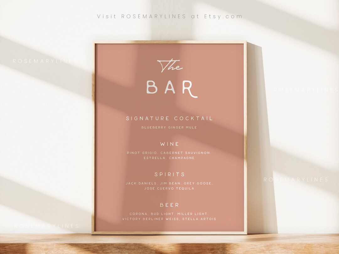 Terracotta Bar Menu Wedding, Modern Mauve Bar Sign, Retro Boho Wedding ...