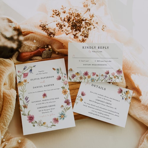 Wildflower Summer Wedding Invitation Set Printable - Etsy