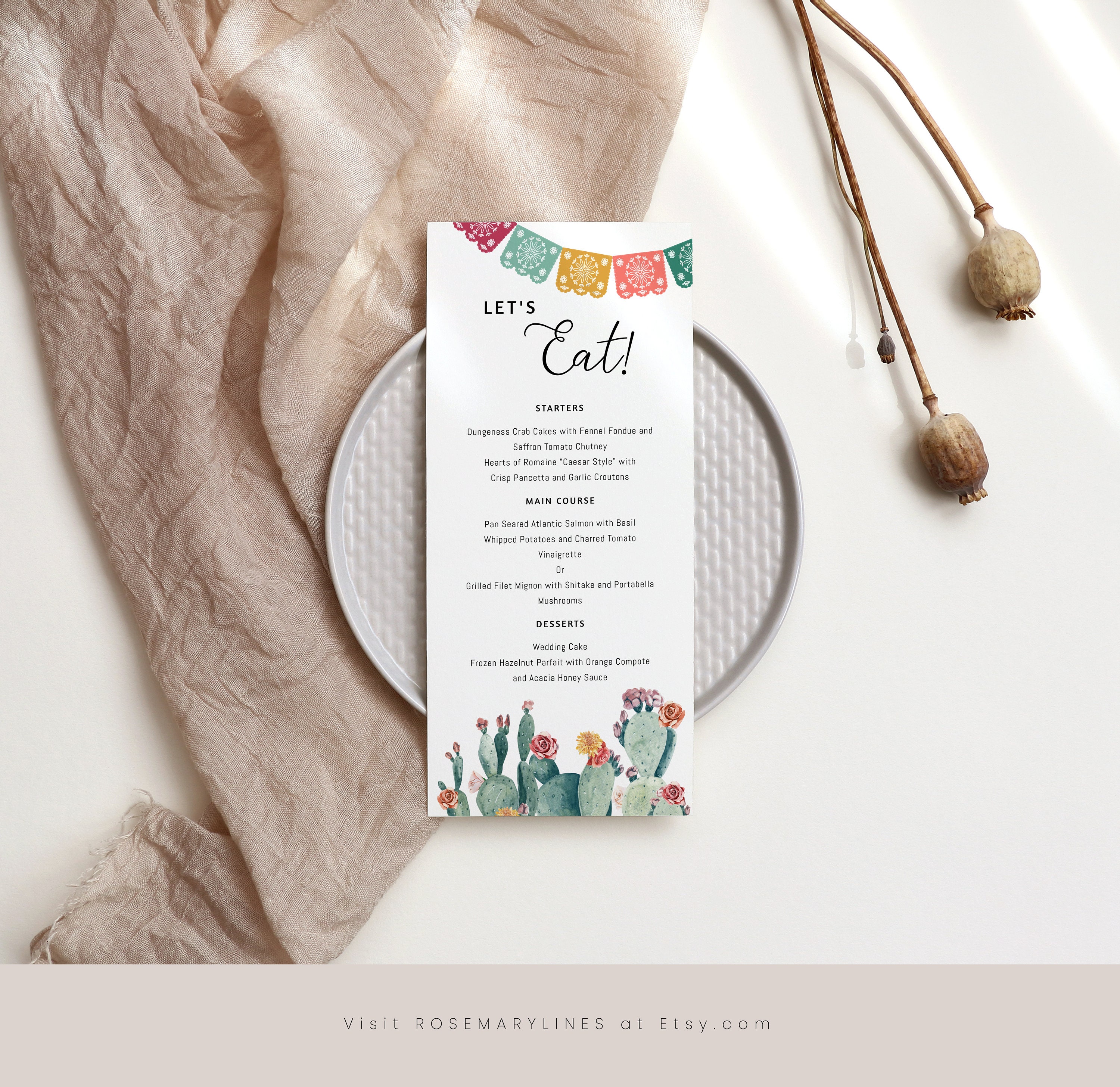 Fiesta Menu Template Prickly Pear Cactus Wedding Menu Cards | Etsy