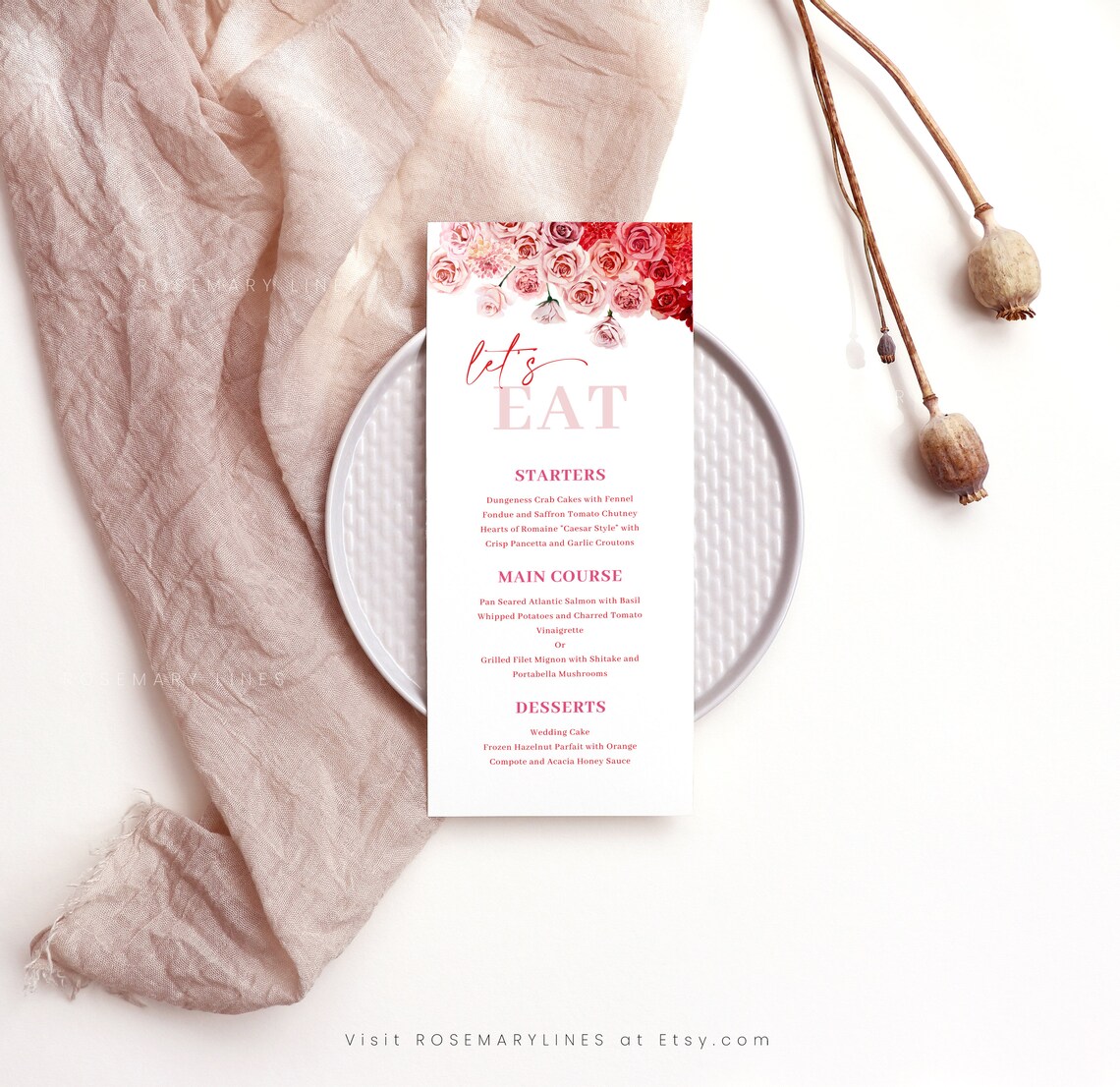 Pink and Red Menu Template Floral Wedding Menu Hot Pink Menu - Etsy