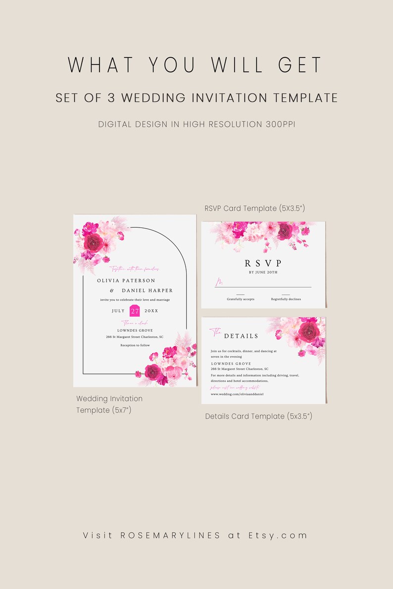 Hot Pink Wedding Invitation Set Template Pink and Blush - Etsy