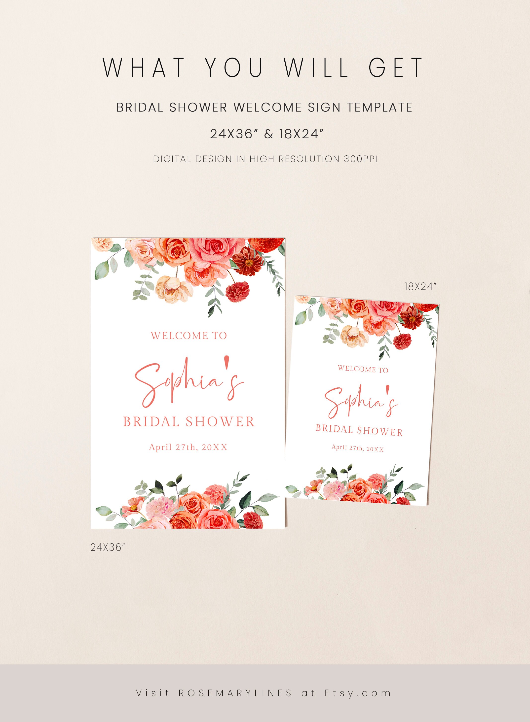 Coral Welcome Sign Template Vibrant Orange Peach Floral - Etsy
