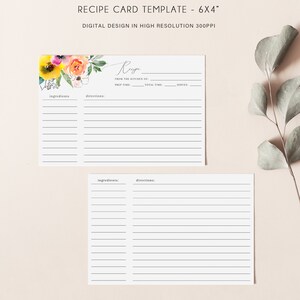 Editable Recipe Card Template, Bright Floral Bridal Shower Recipe Cards ...