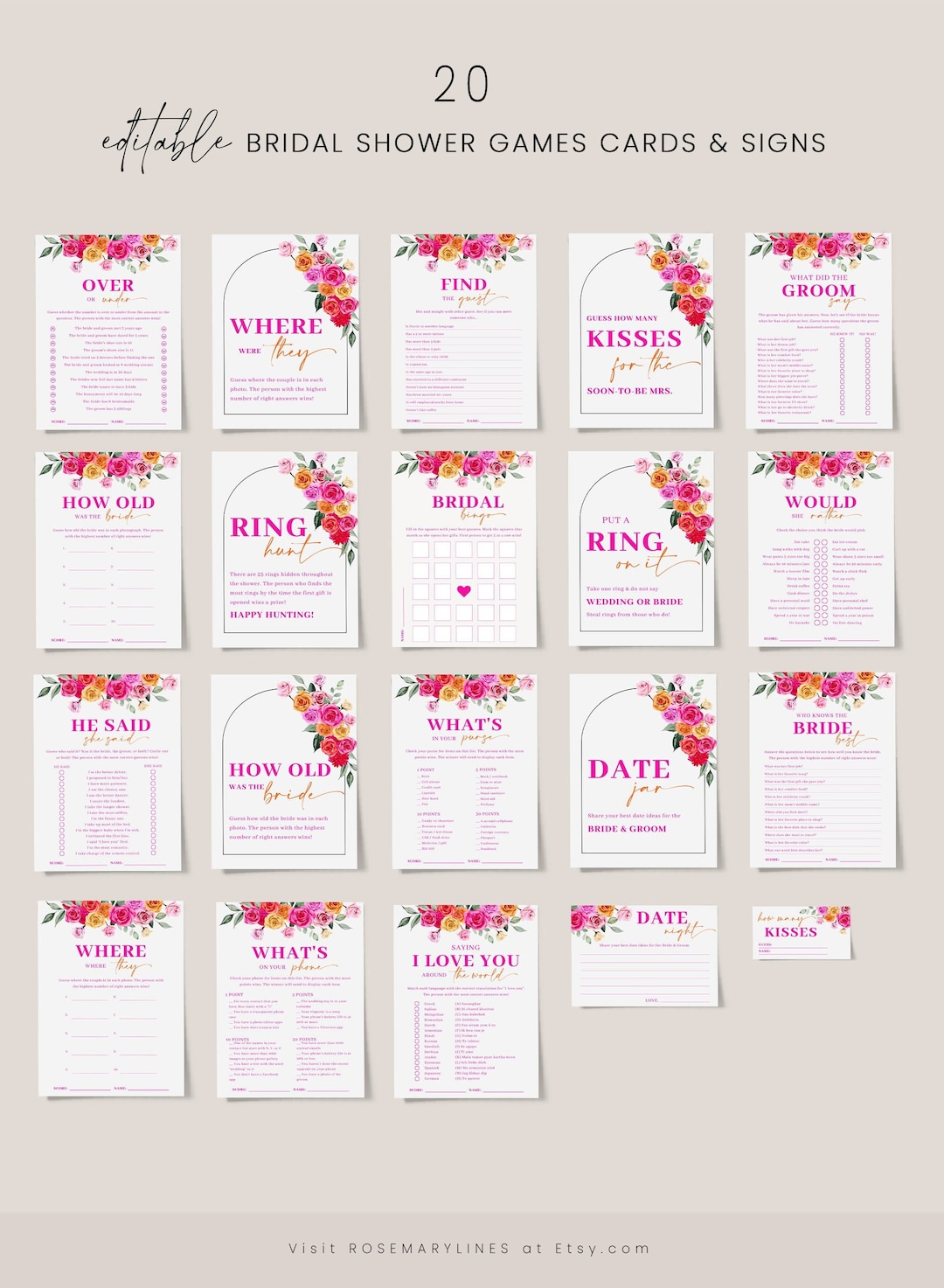 Pink Orange Bridal Shower Games Bundle Template, Hot Pink Floral Bridal ...