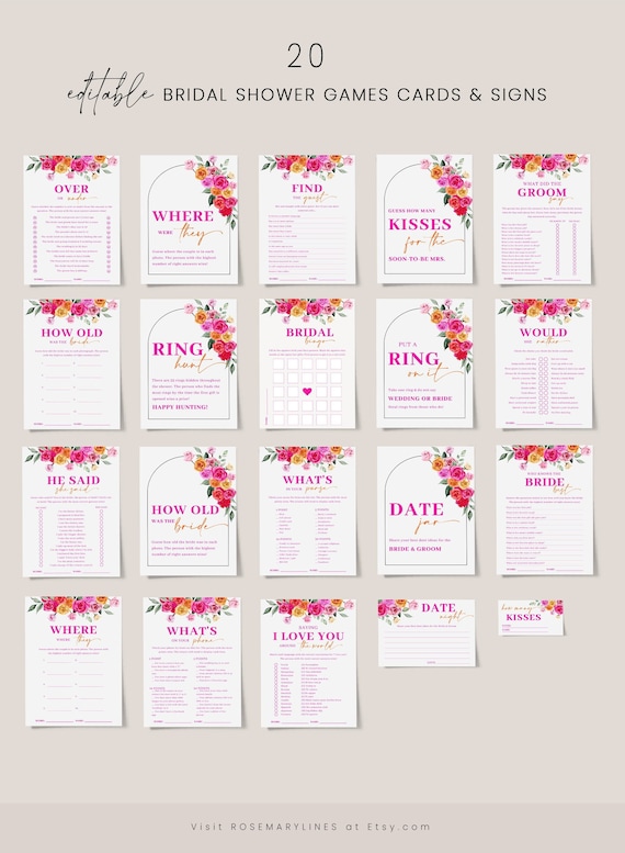 Pink Orange Bridal Shower Games Bundle Template Hot Pink - Etsy